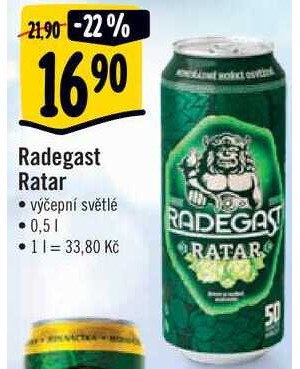 ARCHIV | Radegast Ratar výčepní světlé, 0,5 l v akci platné do: 2.1. ...