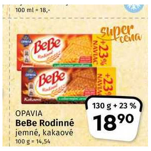 Opavia BeBe Rodinné kakaové sušenky s celozrnnými cereáliemi 130g+23% v ...
