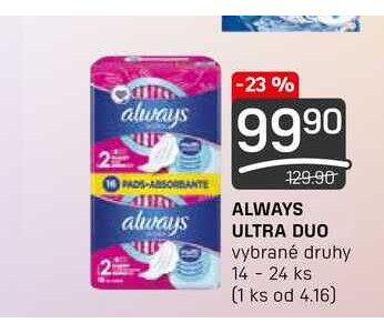 ALWAYS ULTRA DUO vybrané druhy 14 - 24 ks v akci | AkcniCeny.cz