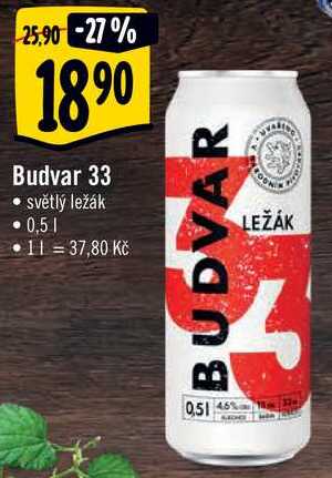 Budvar 33 světlý ležák, 0,5 l v akci Albert | AkcniCeny.cz