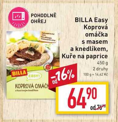 BILLA Easy Koprová omáčka s masem a knedlíkem, Kuře na paprice 450 g 2 ...