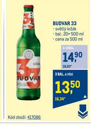 BUDVAR 33 světlý ležák sklo v akci | AkcniCeny.cz